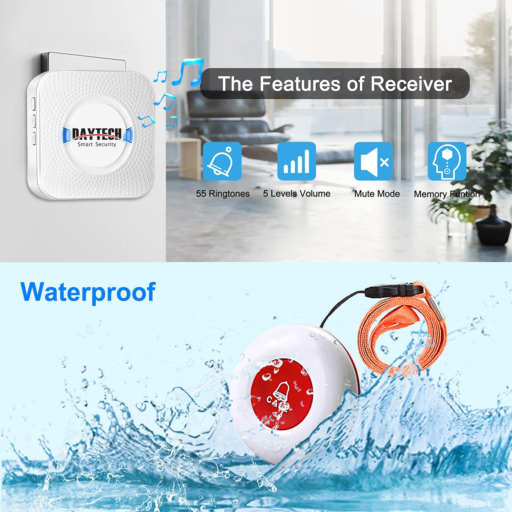 Daytech Caregiver Pager Wireless Alert Button Home Intercom System Long ...